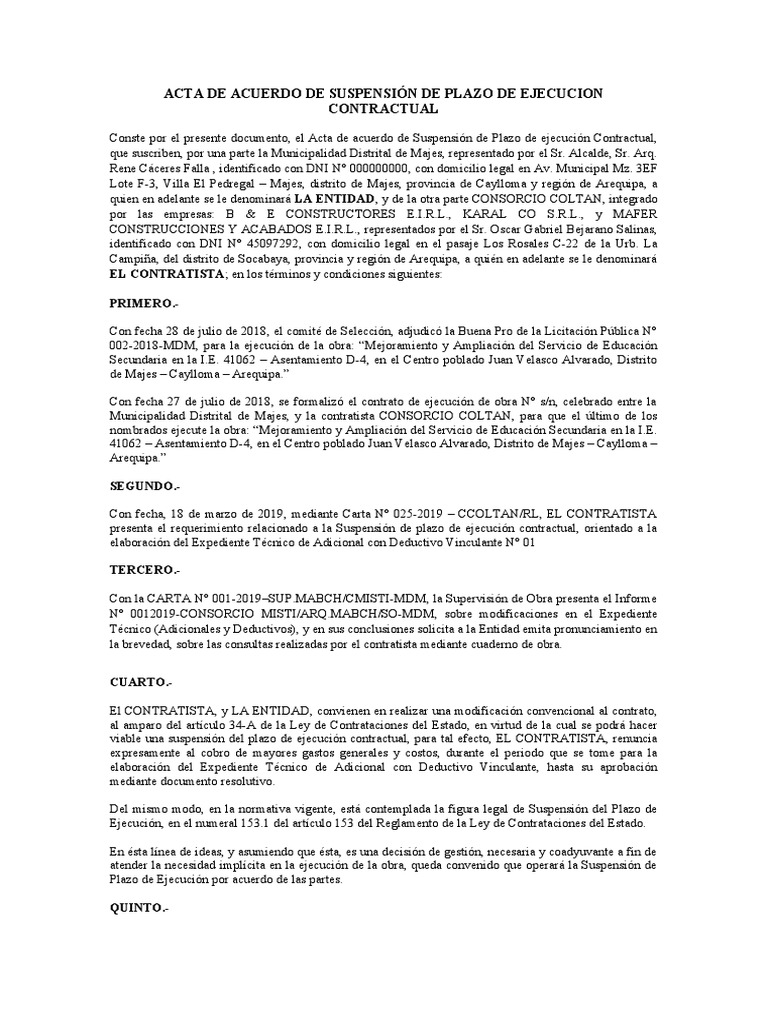Acta de Acuerdo de Suspensión de Plazo de Ejecucion Contractual | PDF
