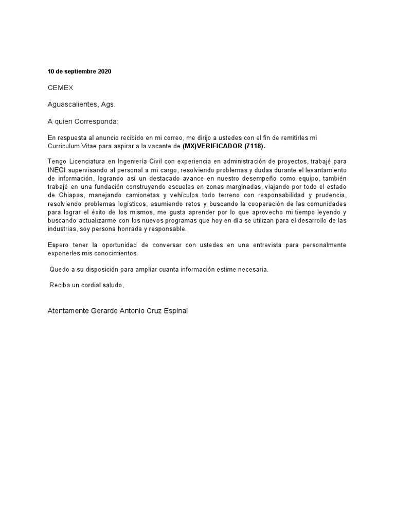 Carta de Presentación CEMEX | PDF