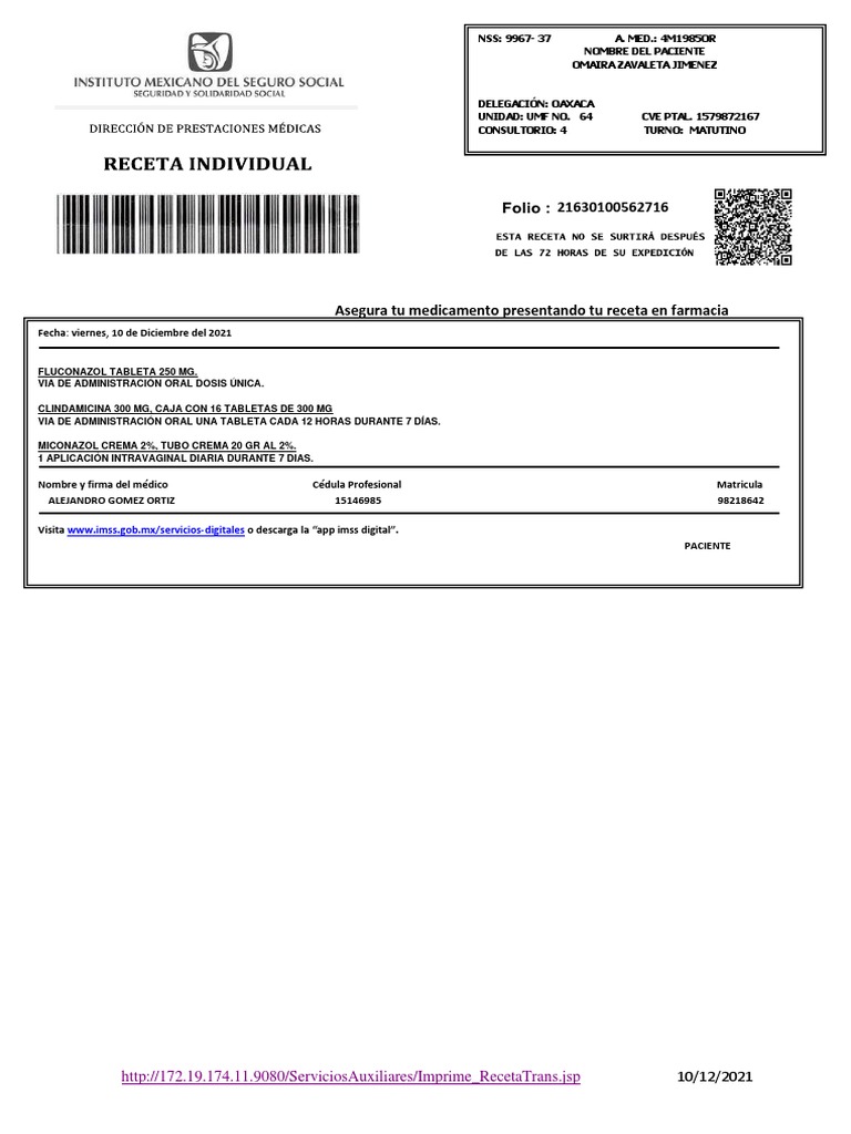 Receta IMSS: Fluconazol y Clindamicina | PDF