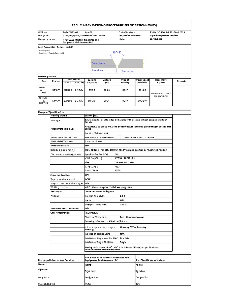 Preliminary Welding Procedure Specification (PWPS) | PDF | Construction | Welding