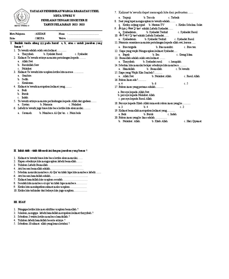 Soal MDTA AKIDAH SMT 2 | PDF