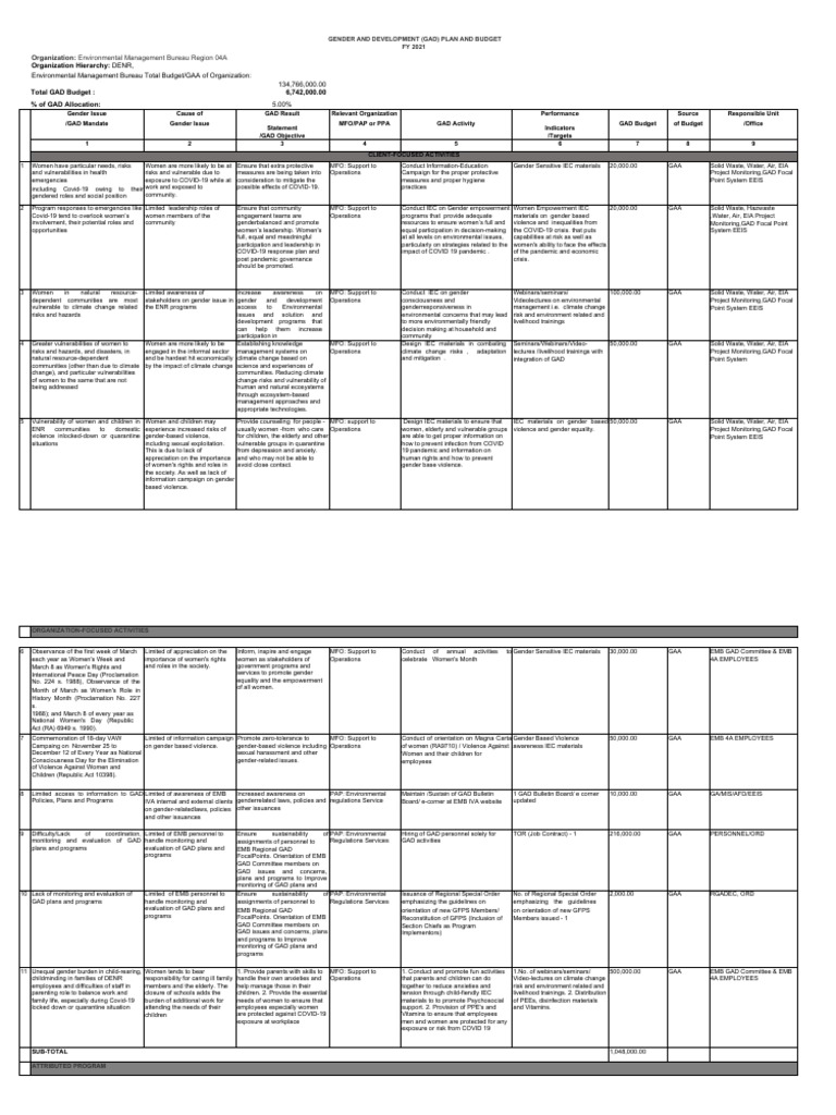 Sample GAD Plan and Budget | PDF | Environmental Impact Assessment ...