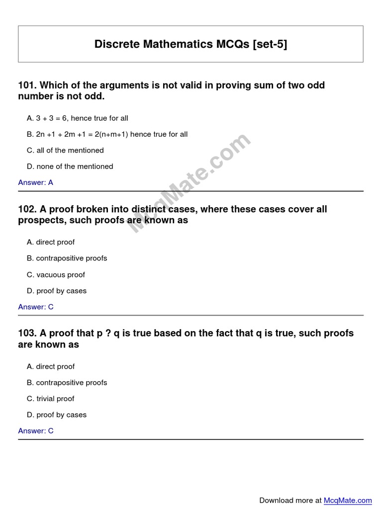 Discrete Mathematics Solved MCQs (Set-5) | PDF | Mathematical Proof | Mathematical Concepts