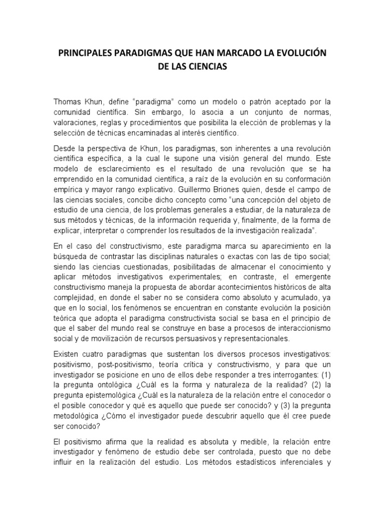 Principales Paradigmas Que Han Marcado La Evolución de Las Ciencias ...