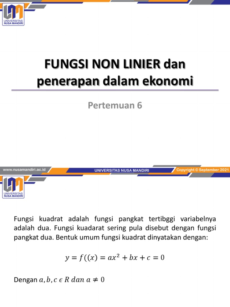 Fungsi Non Linier Dan Penerapan Dalam Ekonomi: Pertemuan 6 | PDF