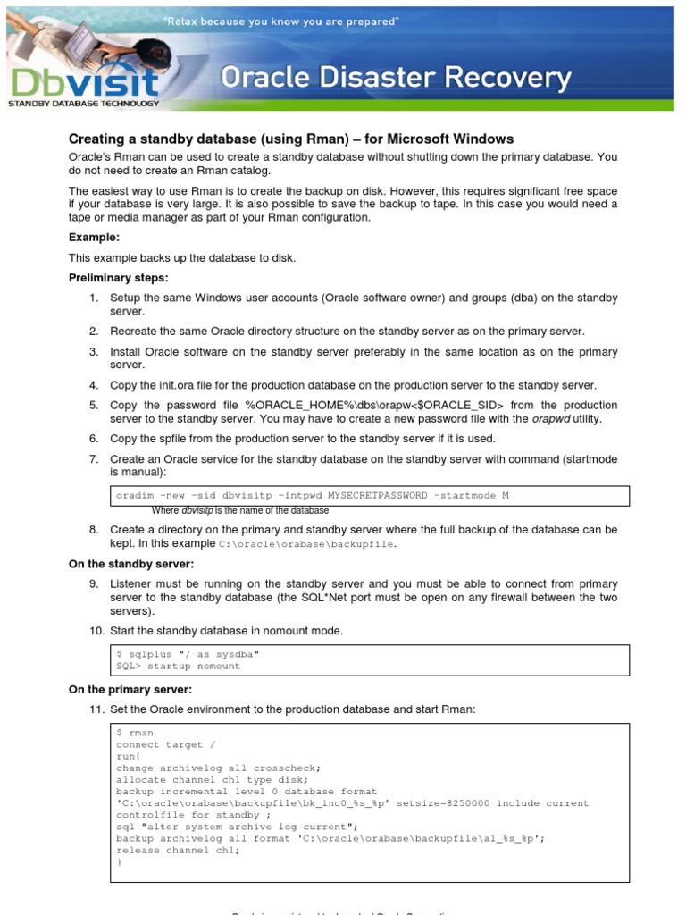 Creating A Standby Database Windows | PDF | Oracle Database | Backup