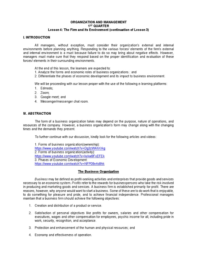 Organization and Management 1 Quarter Lesson 4: The Firm and Its ...