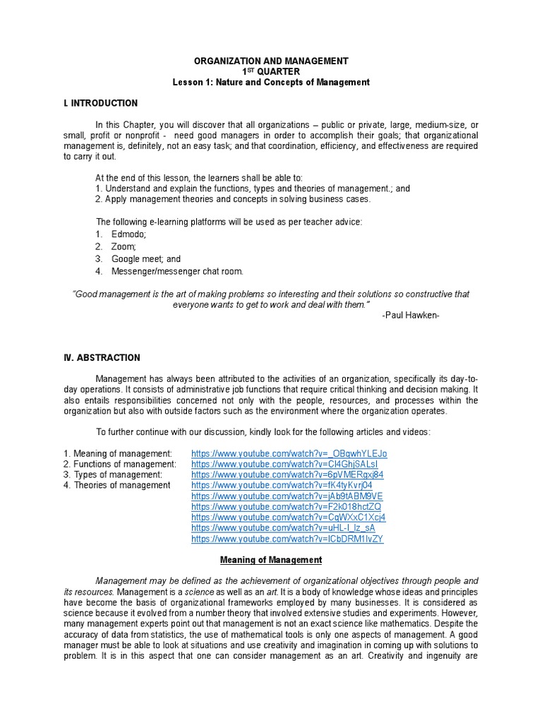 Organization and Management 1 Quarter Lesson 1: Nature and Concepts of ...