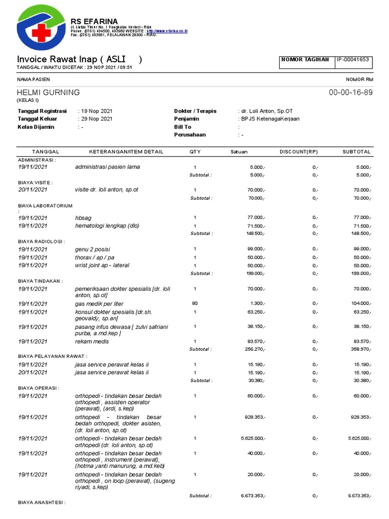 Invoice Rawat Inap RS Efarina | PDF