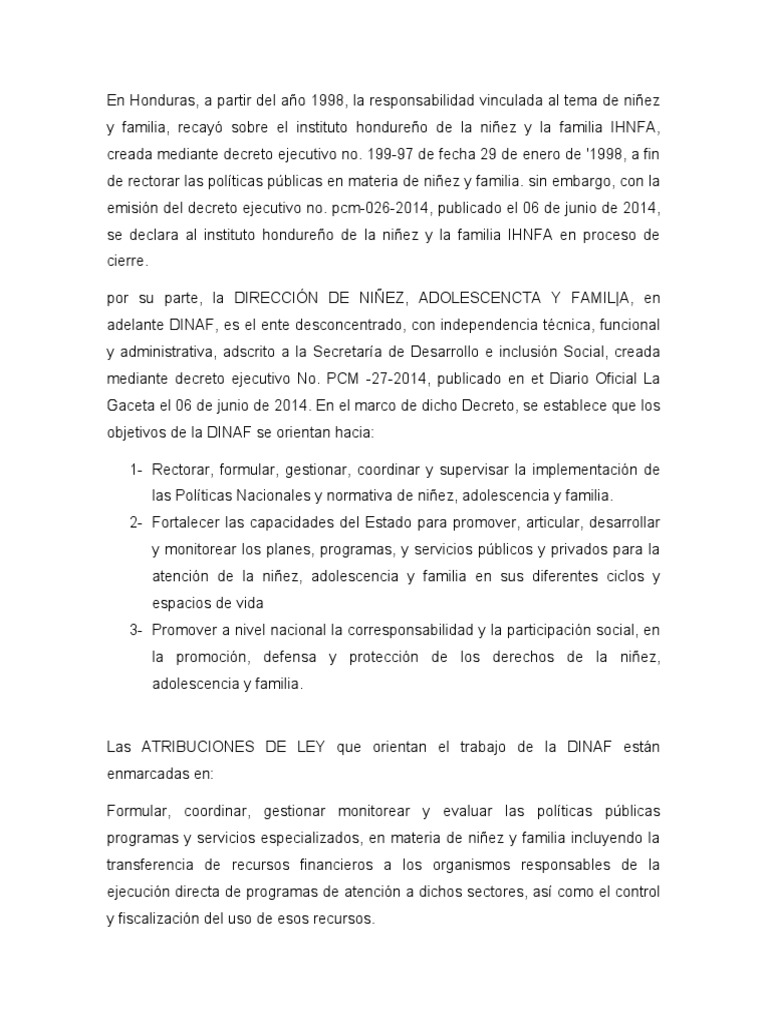 Creación y funciones de la DINAF en Honduras | PDF | Honduras | Justicia