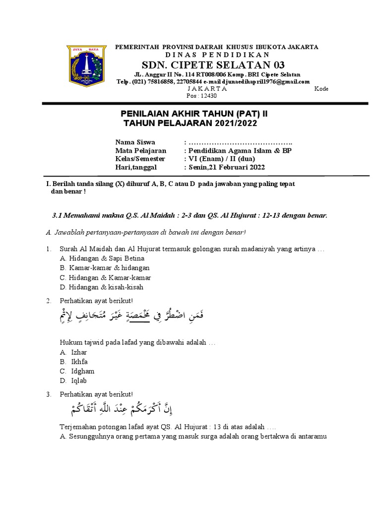 Soal Pat KLS 6 Terbaru | PDF | Agama & Spiritualitas
