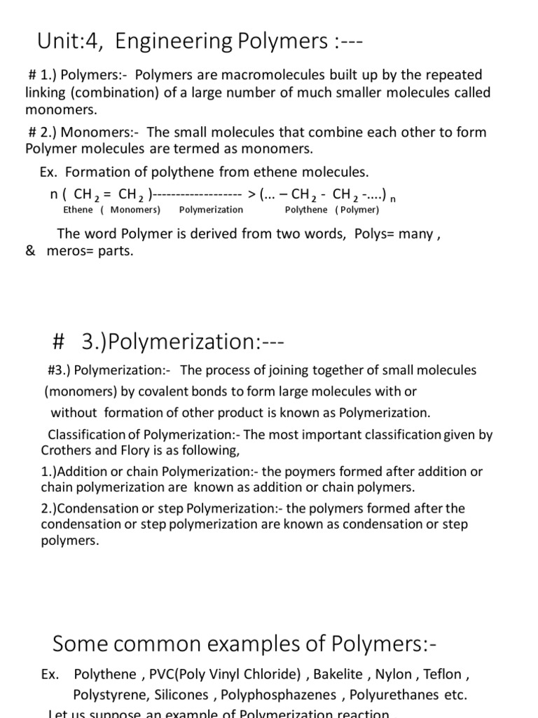 Unit:4, Engineering Polymers | PDF | Polymers | Polymerization