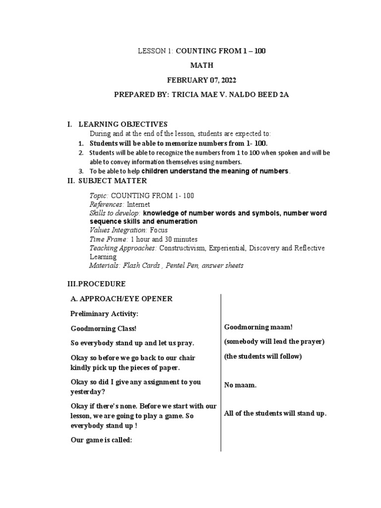 Lesson Plan Counting 1-100 Naldo Tricia Mae v. Beed 2a | PDF | Teachers ...