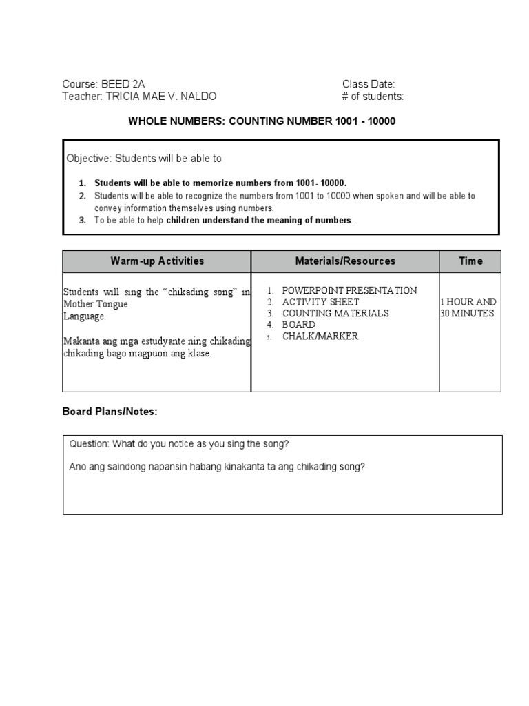 Lesson Plan Counting 1001 To 10000 | PDF | Communication | Behavior ...