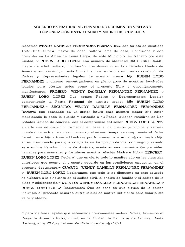 Acuerdo Extrajudicial Privado de Regimen de Visitas y Comunicación ...