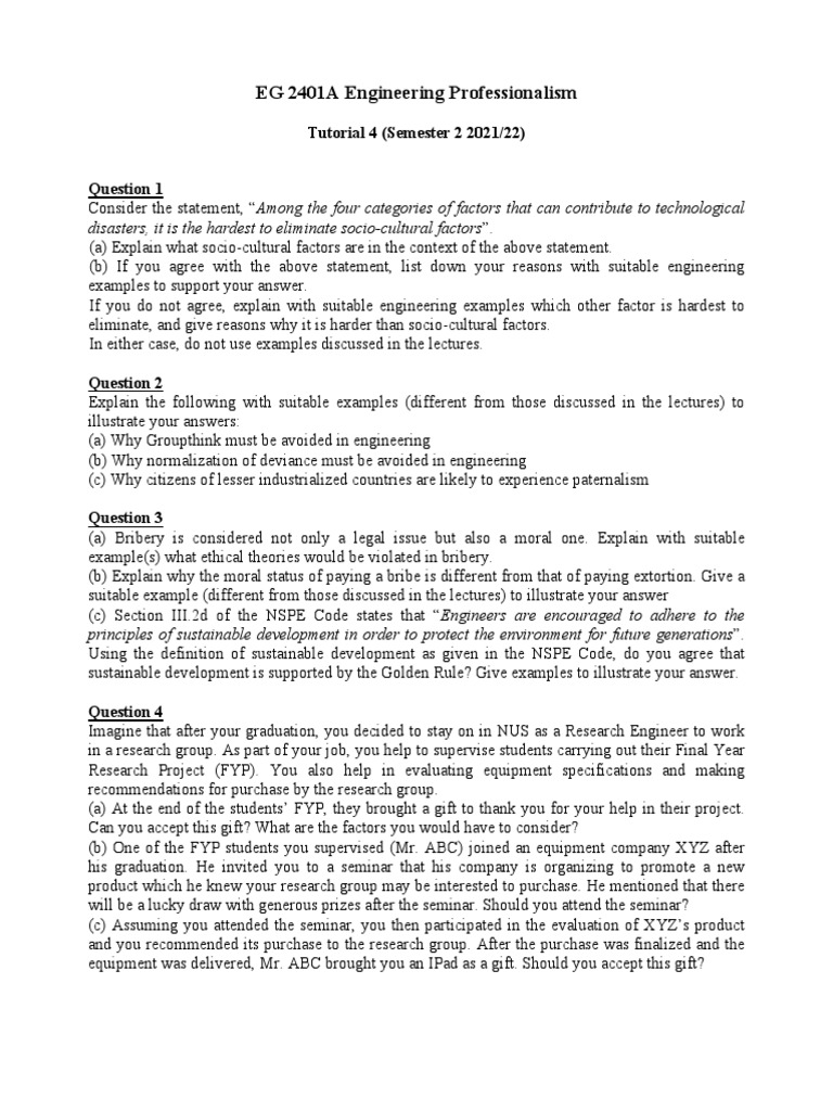 Eg 2401a Engineering Professionalism Tutorial 4 Semester 2 2021 22