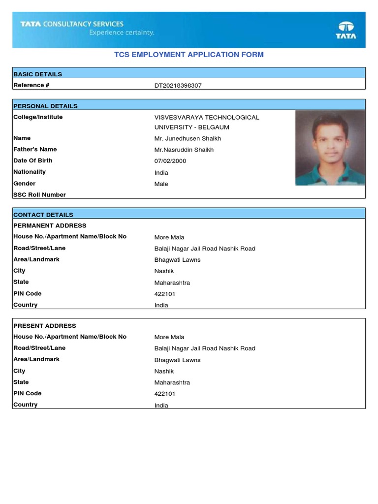 Tcs Employment Application Form | Download Free PDF | Background Check ...