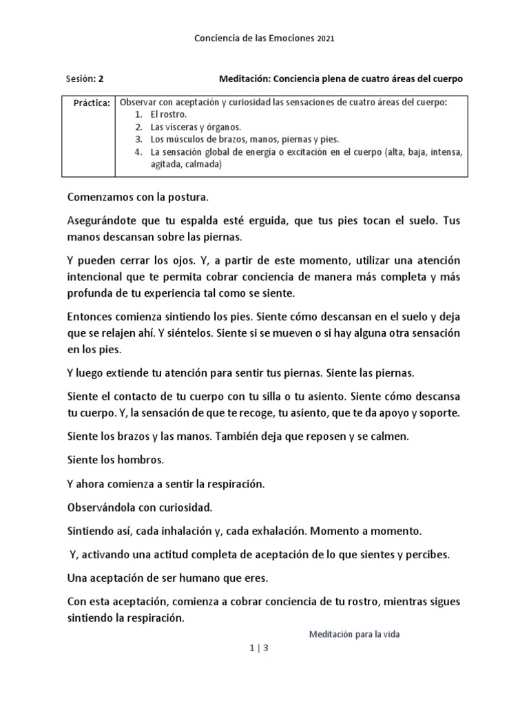 Meditación de Conciencia Plena Escrita | PDF | Meditación | Las emociones