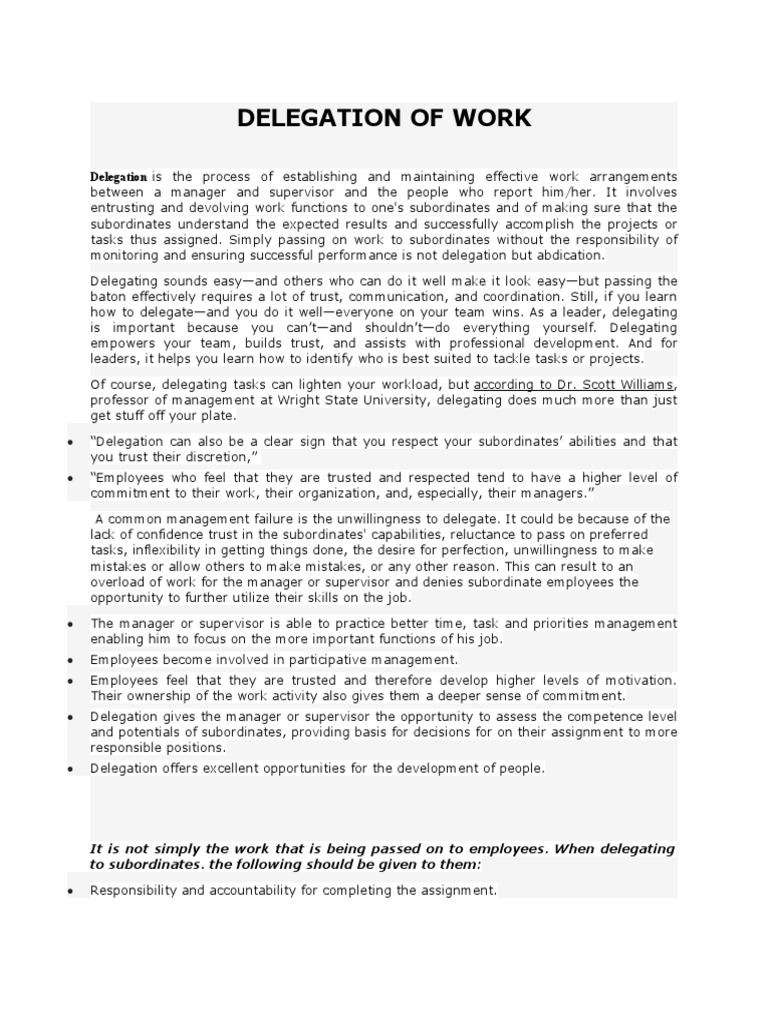 DELEGATION OF WORK Topic 4 | PDF | Leadership | Goal