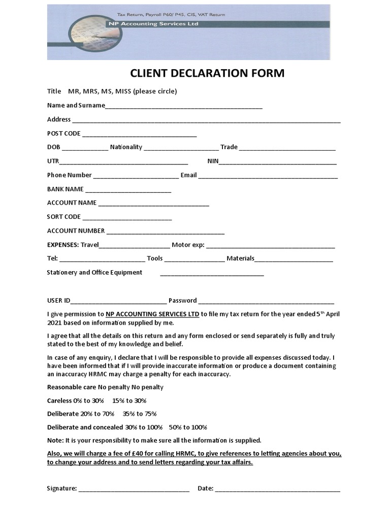 Client Declaration Form: Title MR, MRS, MS, MISS (Please Circle) | PDF ...