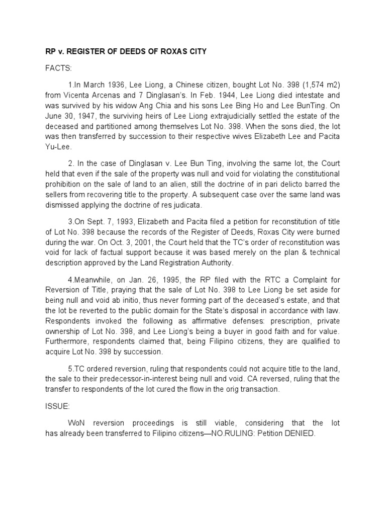 Reversion Case on Lot No. 398 Denied | PDF | Law And Economics | Common Law