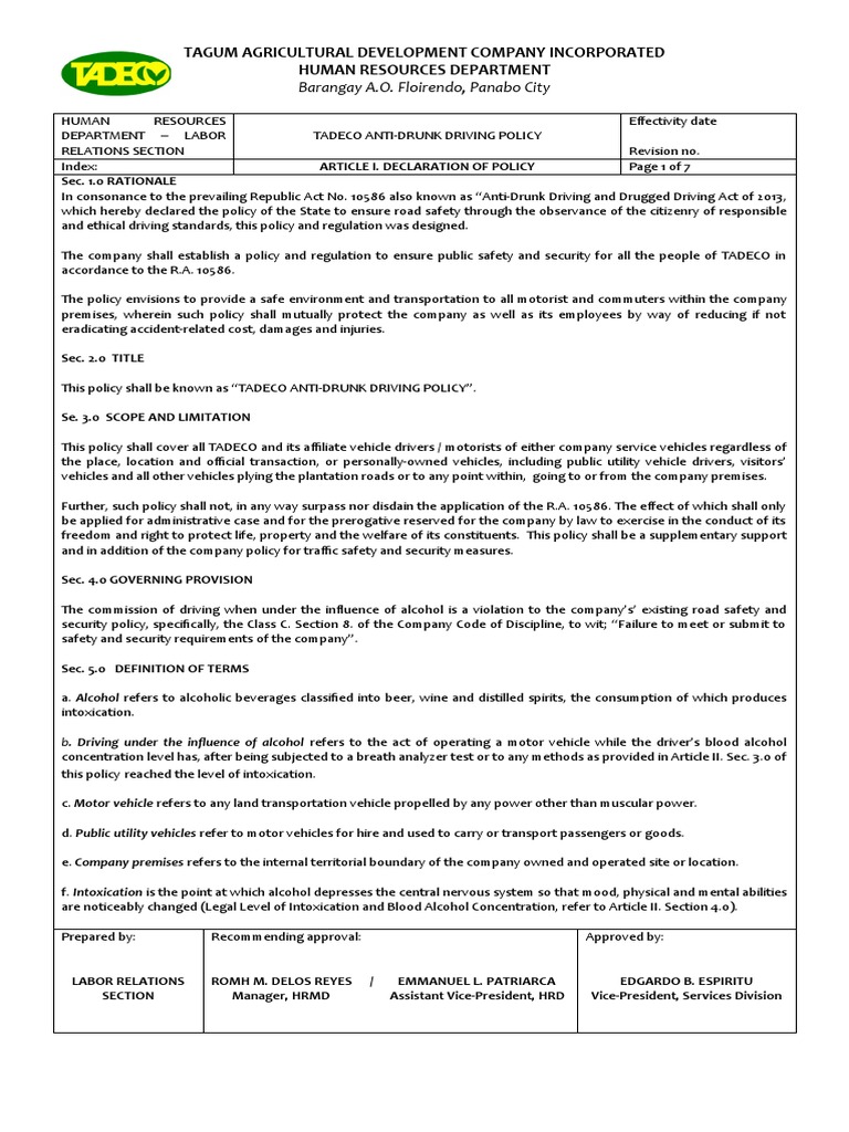 TADECO Drunk Driving Policy | PDF | Driving Under The Influence ...