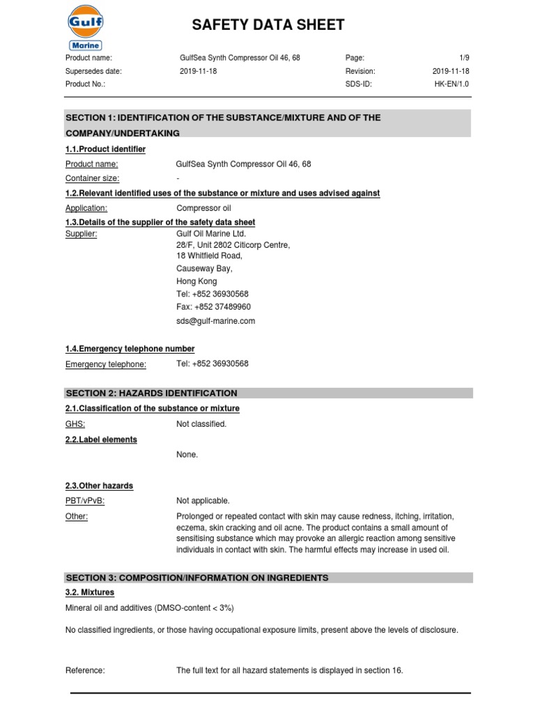 GulfSea Synth Compressor Oil 46 - 68 - HK - 1.0 | PDF | Occupational ...
