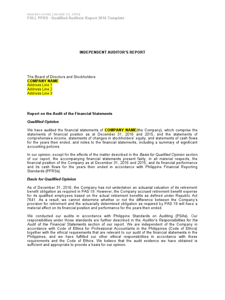 FULL PFRS - Qualified Auditors Report 2016 Template | PDF | Going ...