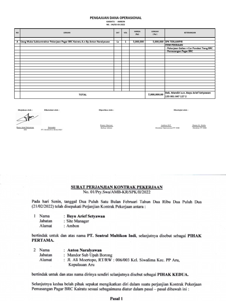 PD 04 Uang Muka Subkontraktor Pekerjaan Pagar BRC Kairatu A.N BP Anton Naralyawan | PDF