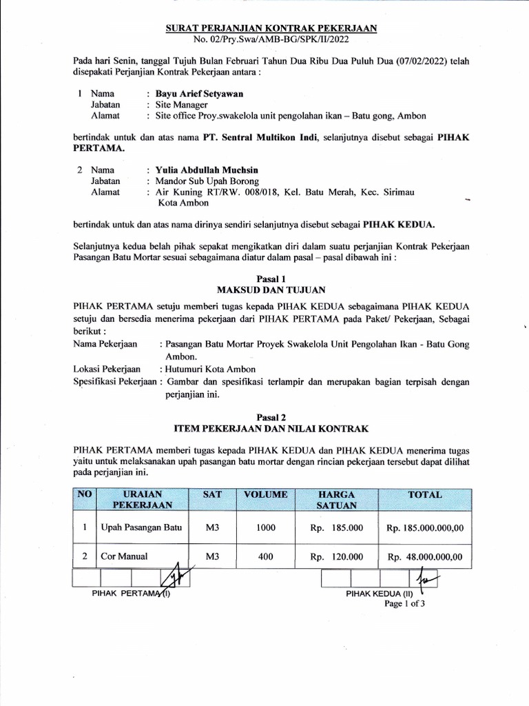 SPK Pekerjaan Pasang Batu DPT, Cor Manual, Mini Pile Dan Pembesian A.N Ibu Yulia Abdullah M | PDF