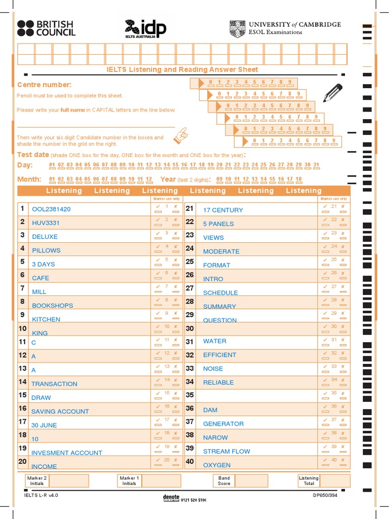 Centre Number: IELTS Listening and Reading Answer Sheet | PDF