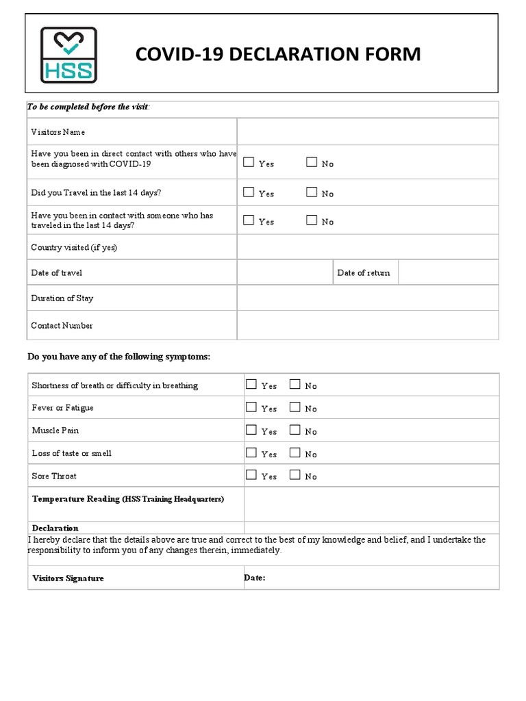 Covid-19 Declaration Form: To Be Completed Before The Visit | PDF