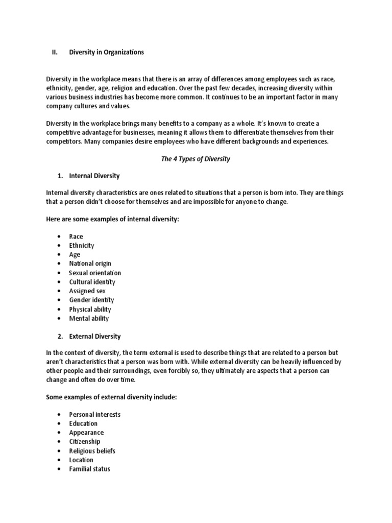 II. Diversity in Organizations: The 4 Types of Diversity | PDF ...