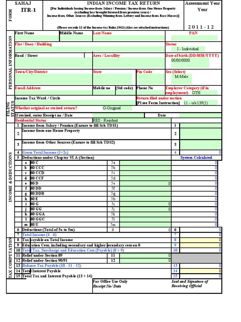 2011 ITR-1 Tax Return Form | PDF | Income Tax | Tax Deduction