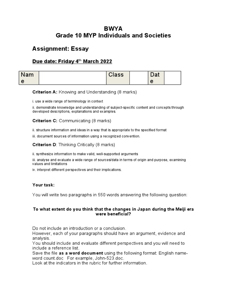 Bwya Grade 10 MYP Individuals and Societies Assignment: Essay | PDF ...