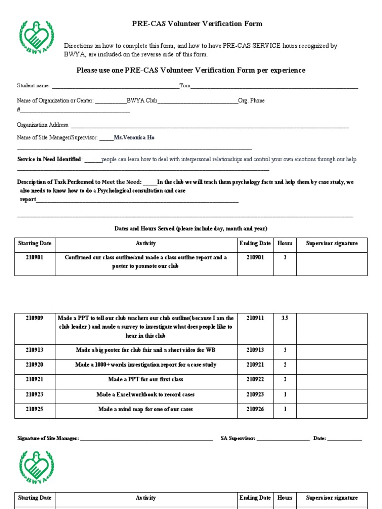 SA Volunteer Verification Form | PDF | Mental Processes | Psychological ...