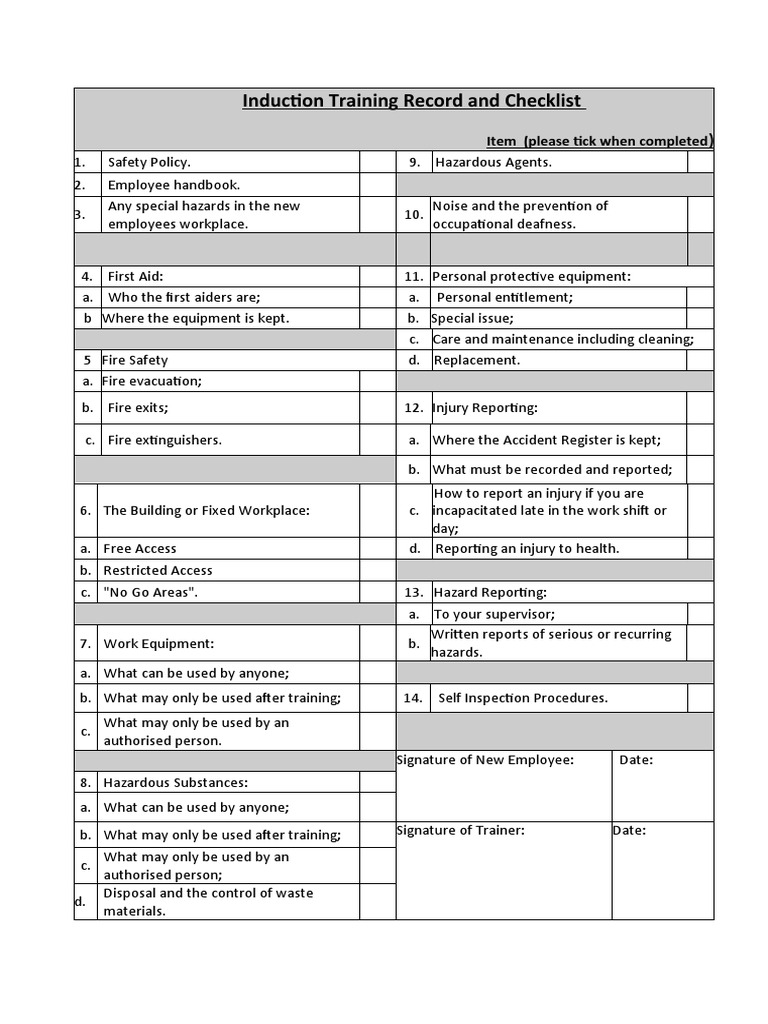 Induction Training Record and Checklist: Item (Please Tick When ...