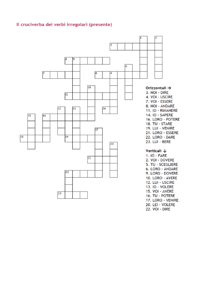 Cruciverba Verbi Irregolari | PDF