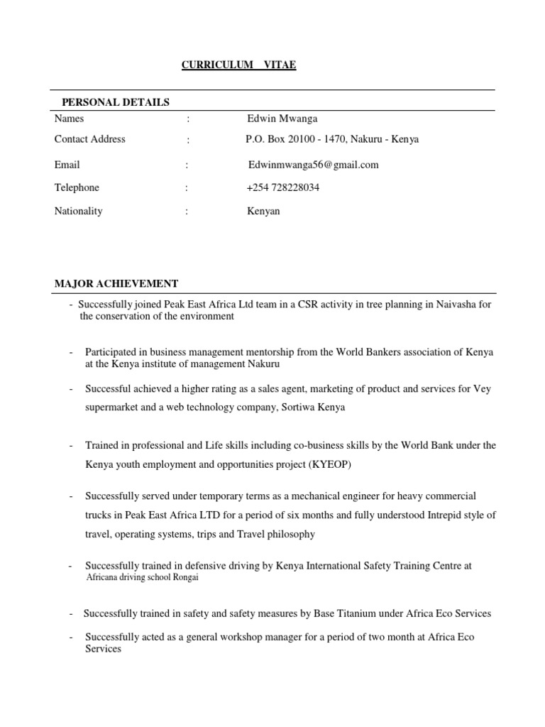 Edwin Mwanga CV 2022 | PDF | Kenya | Motor Vehicle