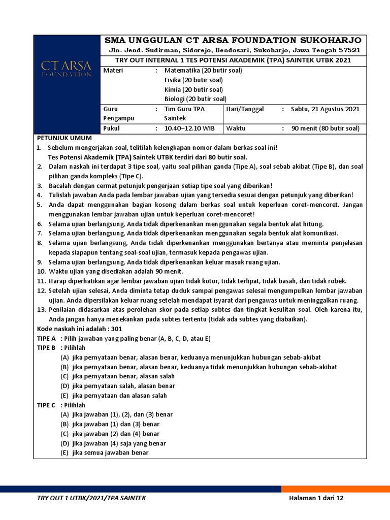 Soal TPA Saintek TO 1 UTBK SMAU CTAF 2021-2022 | PDF
