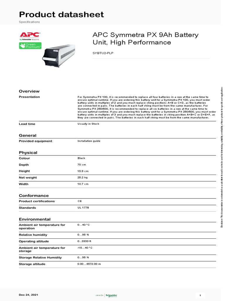 APC SYBTU2-PLP Battery Datasheet | PDF