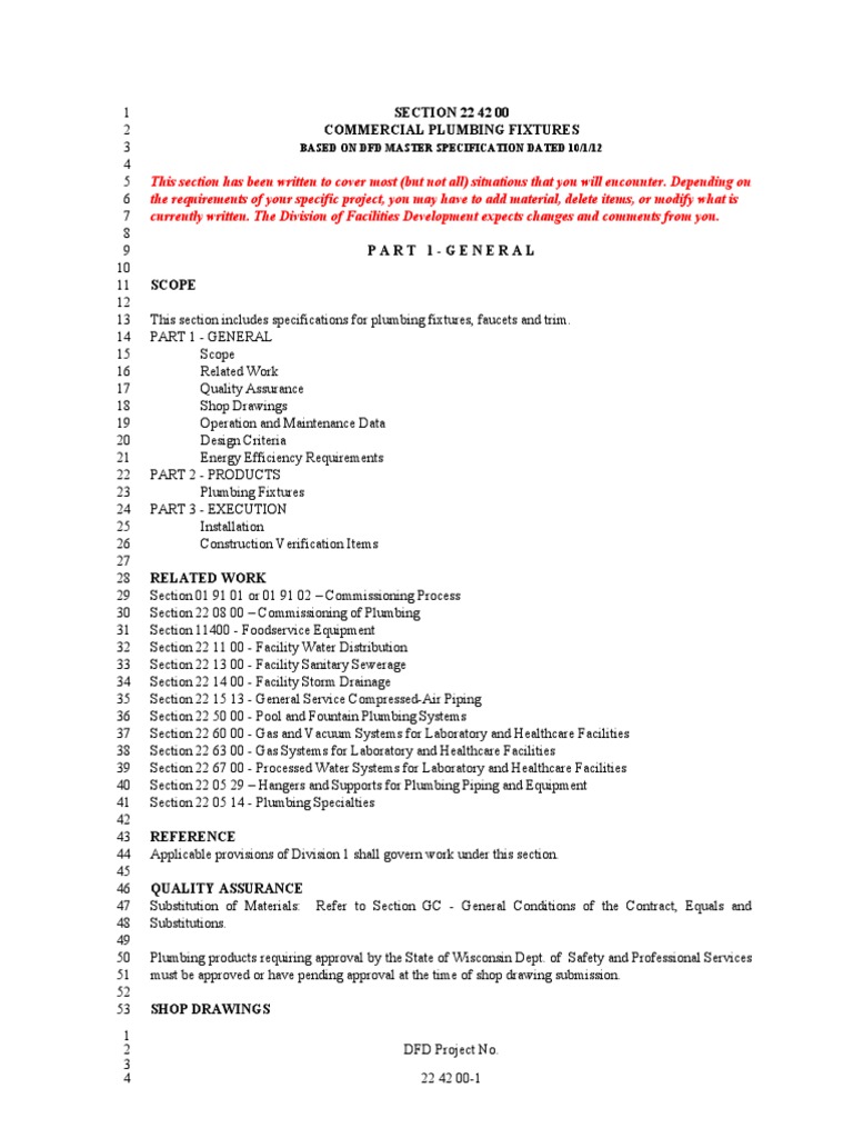 SECTION 22 42 00 Commercial Plumbing Fixtures: Based On DFD Master ...