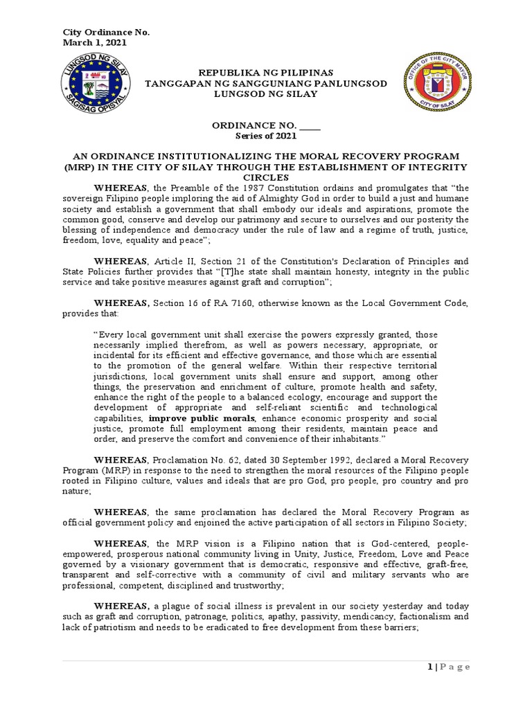 Silay City Moral Recovery Program 2021 | PDF | Integrity | Peace