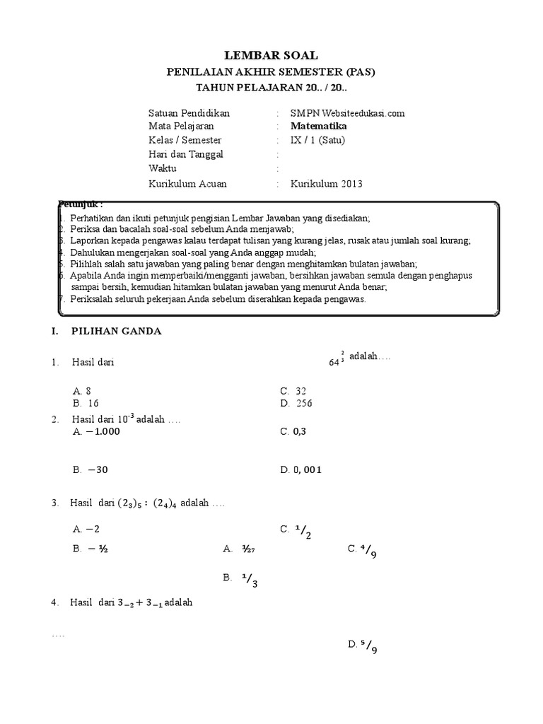 Soal Pas MTK KLS 9 K13 | PDF