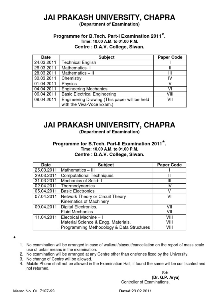 JPV New Exam Schedules 2011 | PDF | Engineering | Electrical Engineering