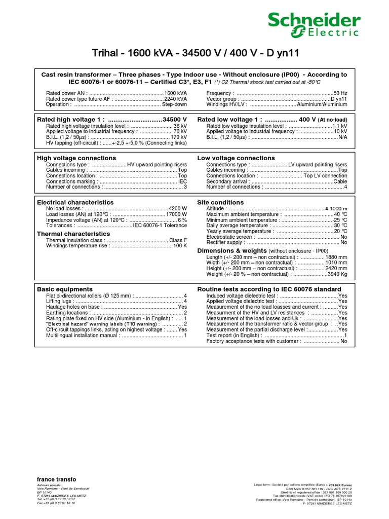 1600 kVA Transformer Specifications | PDF | Transformer | Manufactured ...
