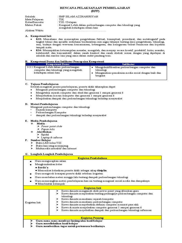 RPP TIK Kelas 8 | PDF