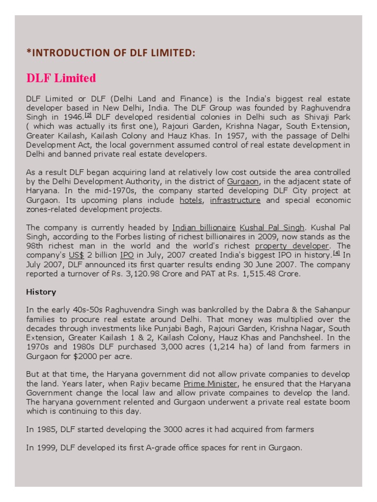 Introduction of DLF Limited | PDF | Financial Services | Money