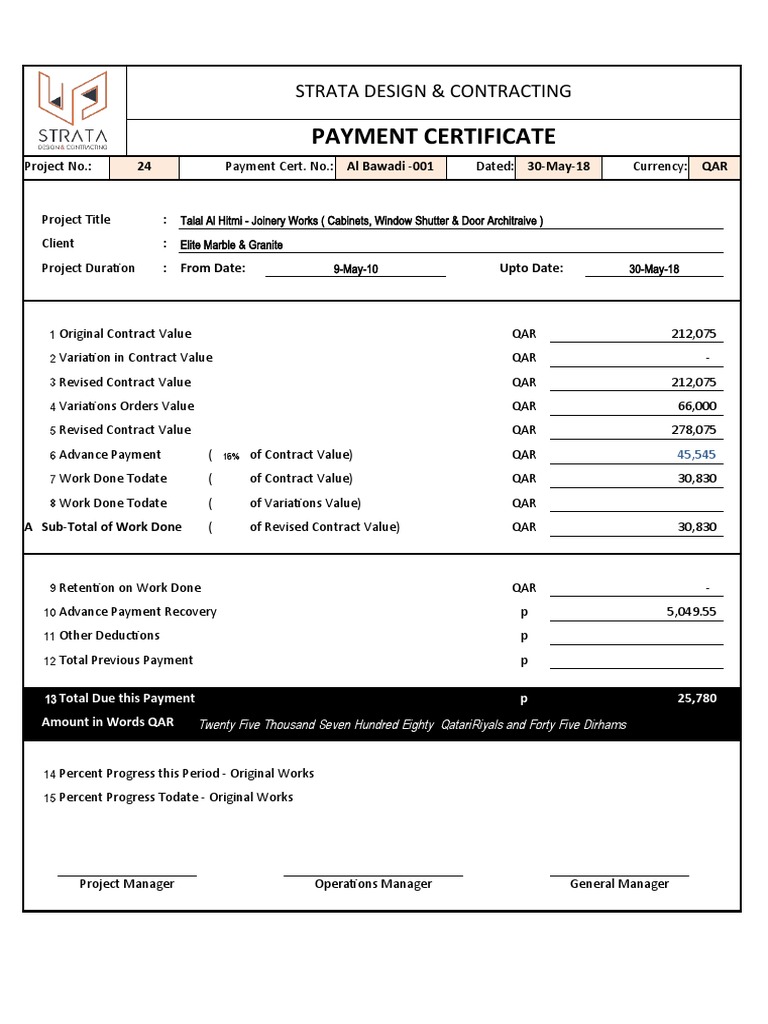 Payment Certificate for Joinery Works | PDF | Payments