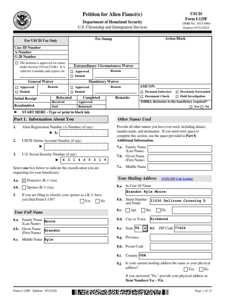 Form I-129F - BRANDON - NATALIA | PDF | Race And Ethnicity In The ...